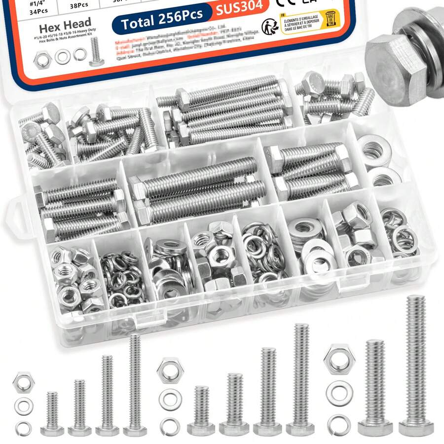 256Pcs Hex Head Nuts And Bolts Assortment Kit, Stainless Steel 1/4-20 ...