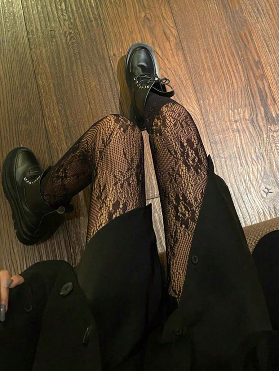 1Pair Women Black Net Stockings With Floral Pattern, White Net ...