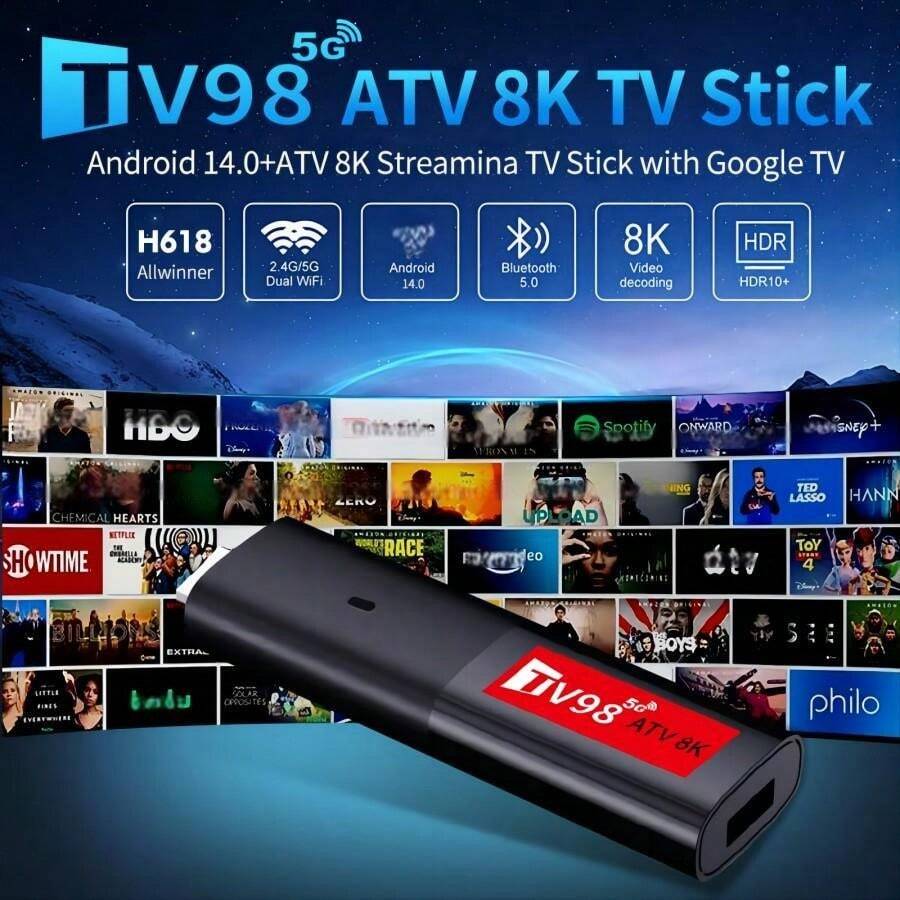 TV98 ATV 8K Mini TV Stick Android 14 Allwinner H618 Quad Core Cortex A53 8K HDR10+ Iptv 4G&5G ...
