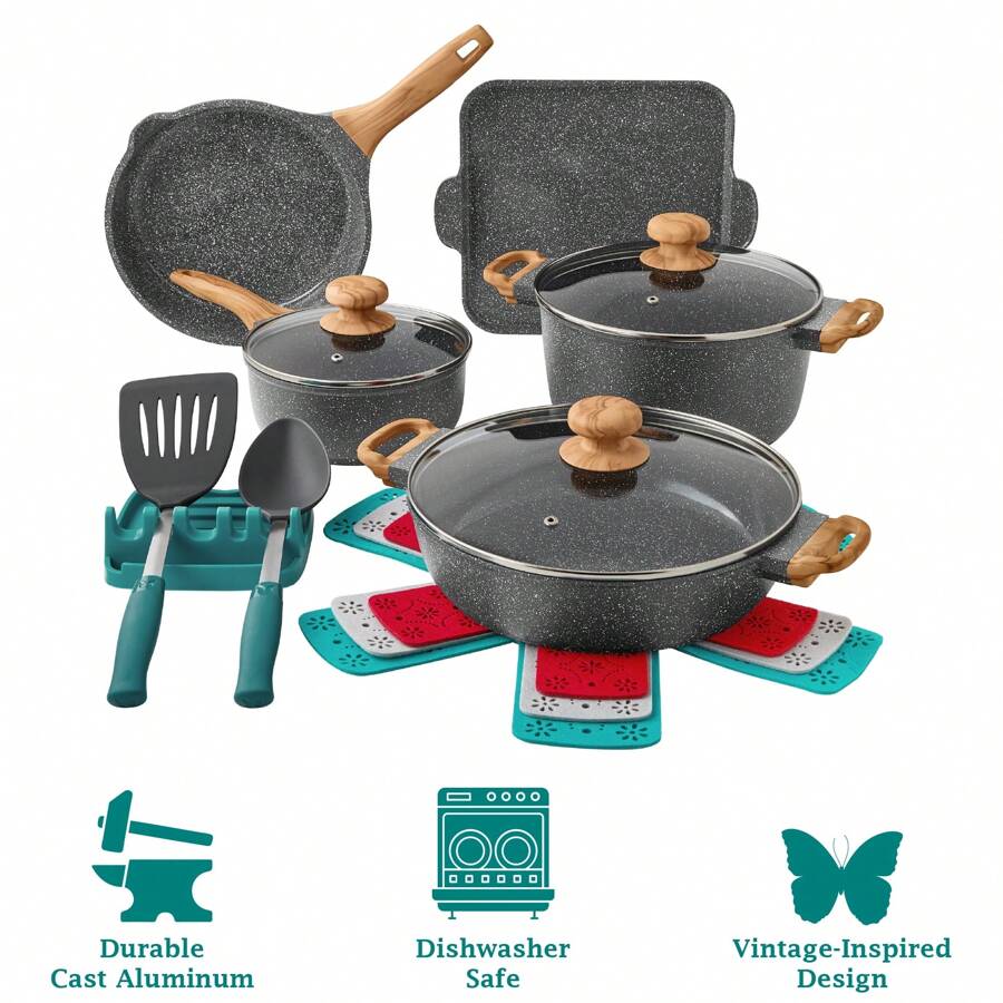 The Pioneer Woman Prairie Signature 14-Piece Cast Aluminum Cookware Set ...