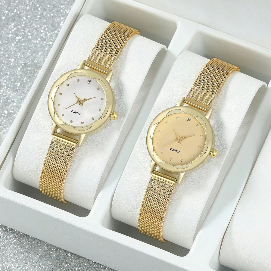 2pcs Women Stainless Steel Mesh Band Minimalist Round Dial Quartz Wrist ...