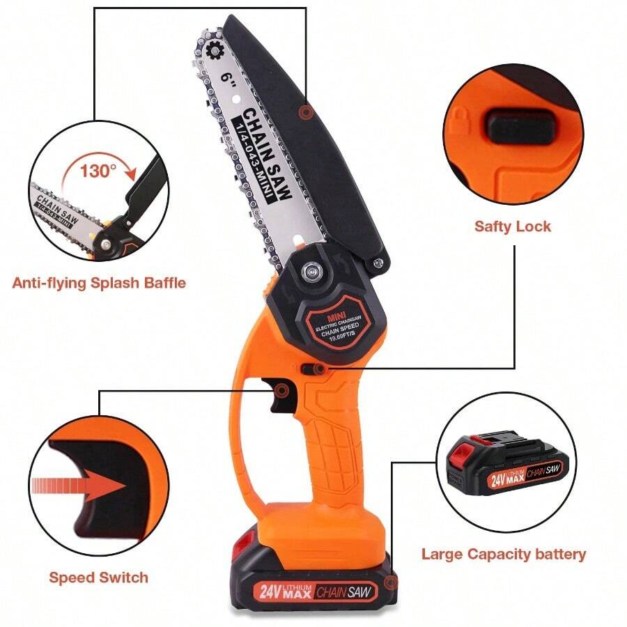6" Mini Chainsaw 24V Battery Powered Cordless Handheld Wood Cutter With ...