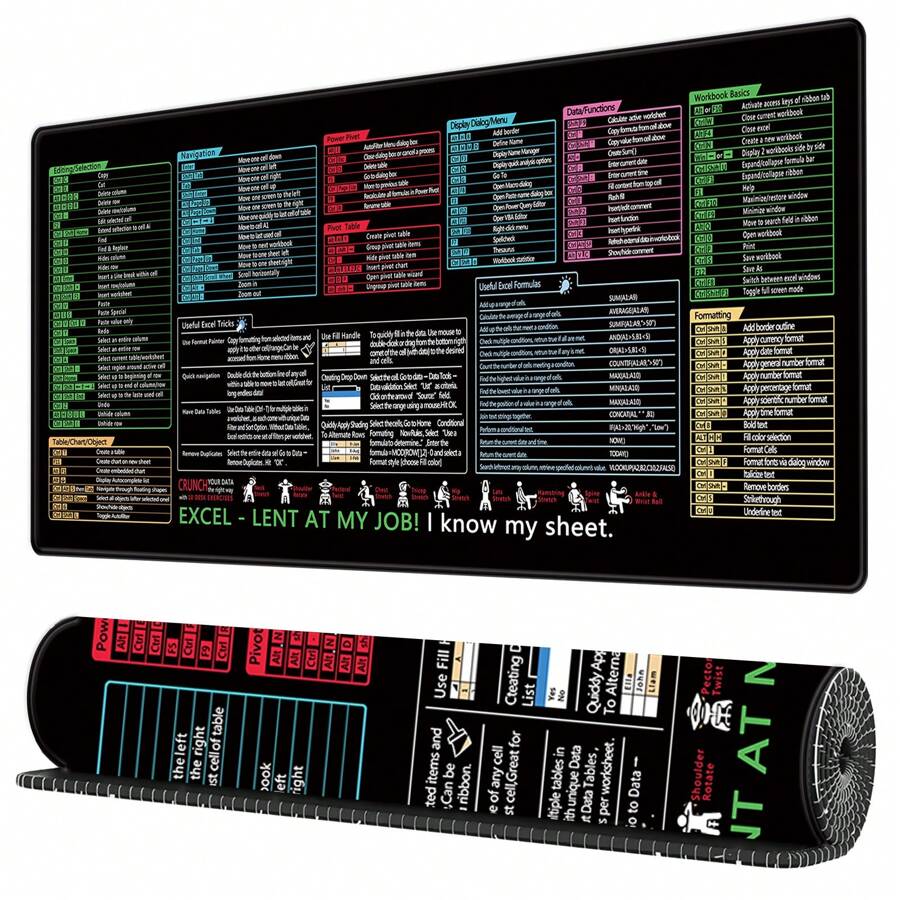 Excel Shortcut Keys Mouse Pad - Extended Large XL Cheat Sheet Gaming ...