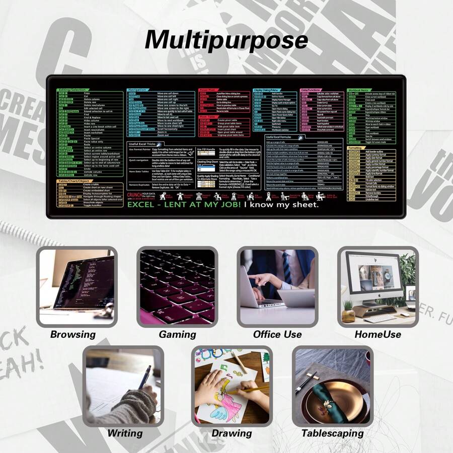 Excel Shortcut Keys Mouse Pad - Extended Large XL Cheat Sheet Gaming ...