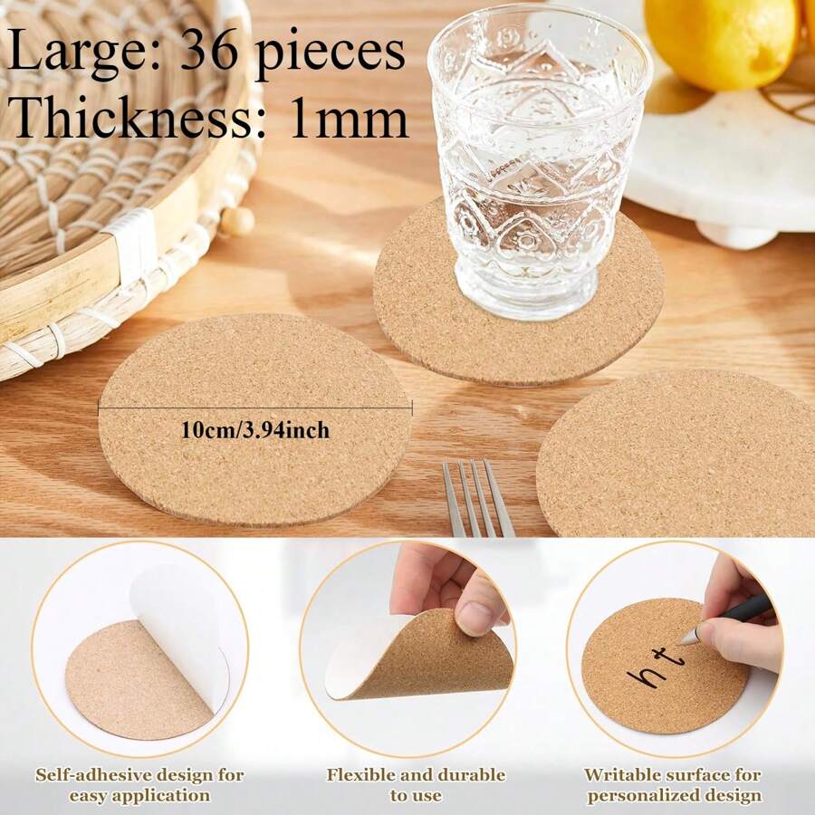 24 Pcs Thick Self-Adhesive Cork Sheets Cork Coasters, Round Cork Board ...