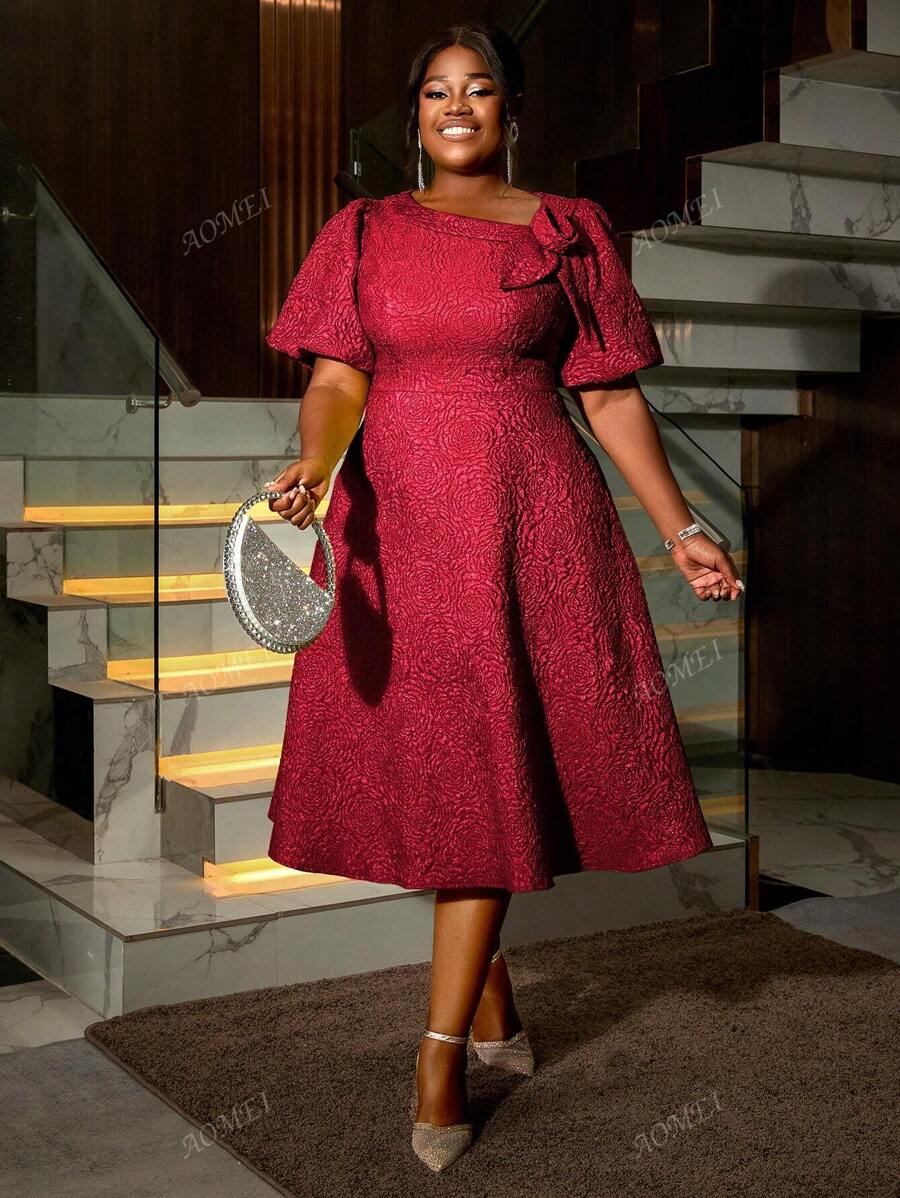 Women Plus Size Rose Jacquard Flared Puff Sleeve A-Line Dress, Suitable ...