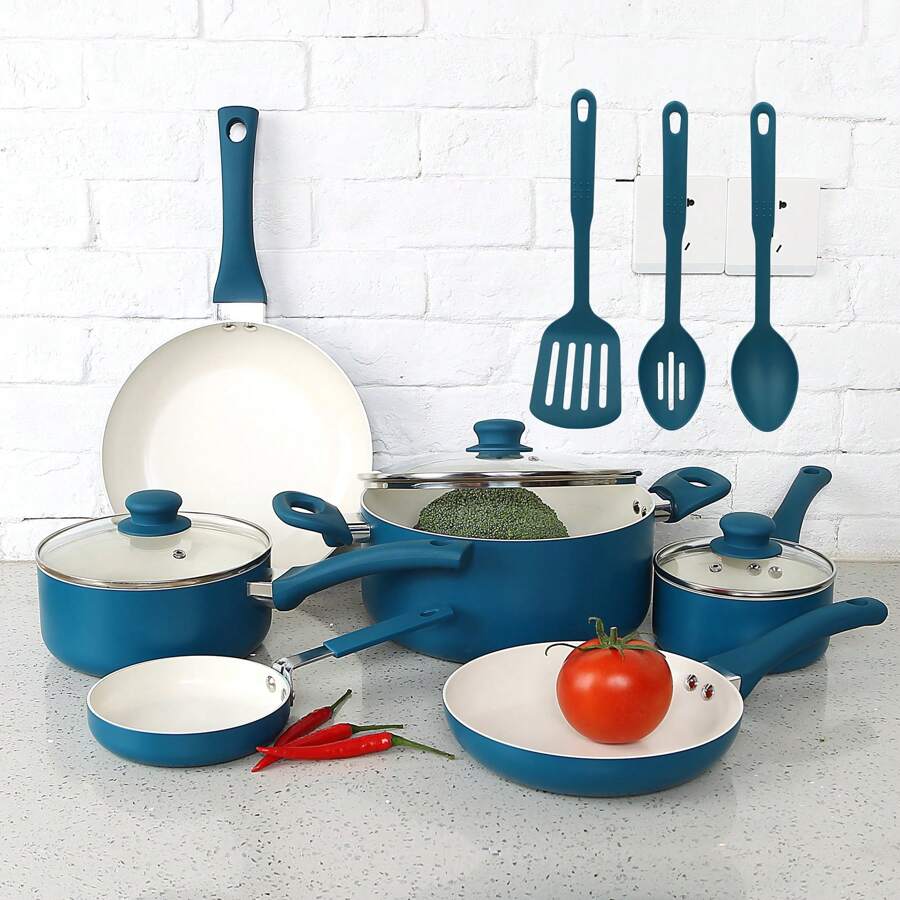 Mainstays Ceramic Aluminum 12 Pieces Cookware Set Corsair Blue Nonstick ...