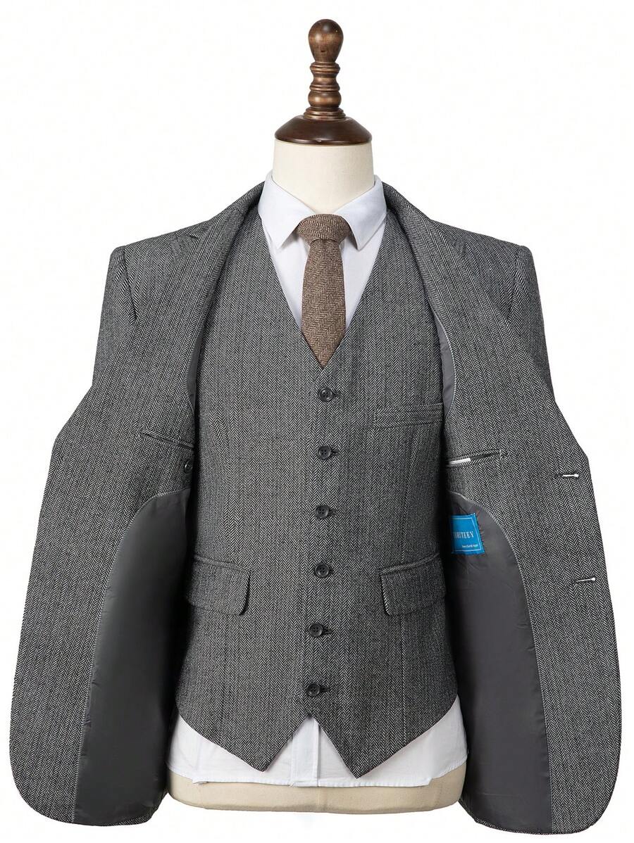 Mens Herringbone Tweed Suit 3 Piece Suit Two Buttons Wool Suits 1920's ...