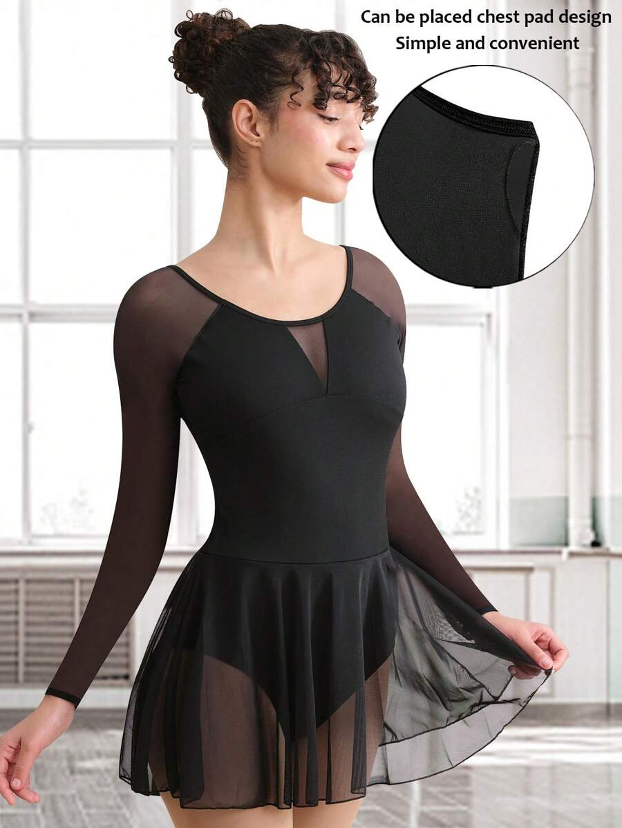 Women's Mesh Long Sleeve Ballet Dance Leotard Tops For Adult Dance ...