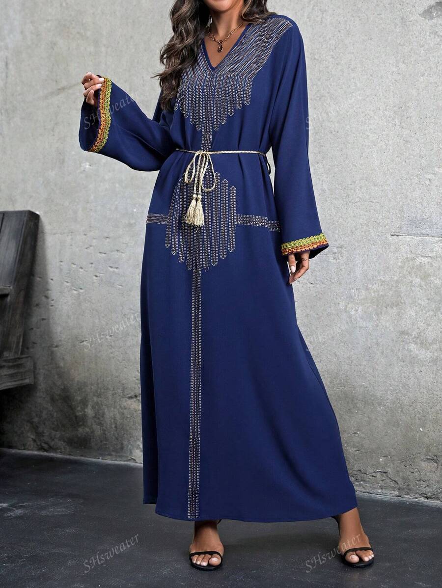 Elegant Women Loose Long Sleeve Rhinestone Decorated Long Robe Kaftan ...