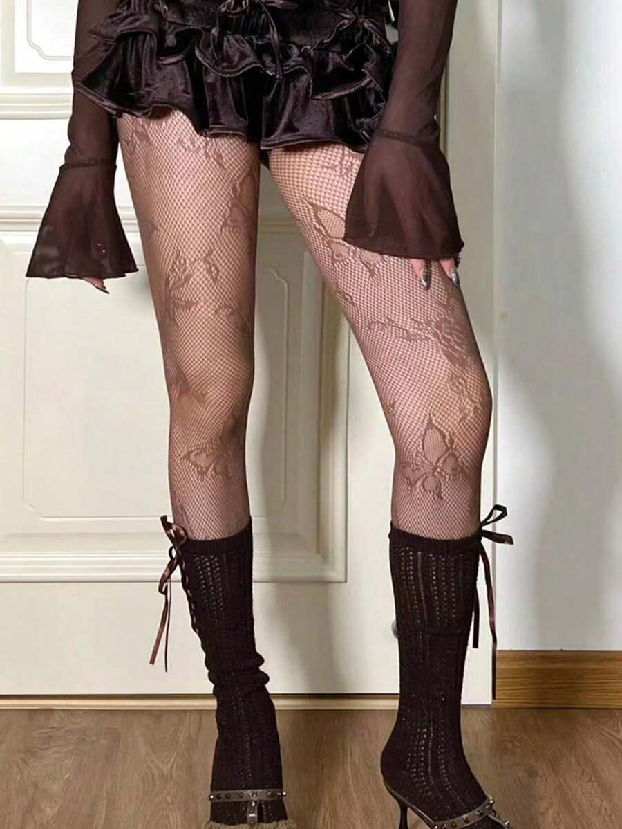 Women Vintage Brown Flower Pattern Elegant Fishnet Lace Tights Hosiery ...