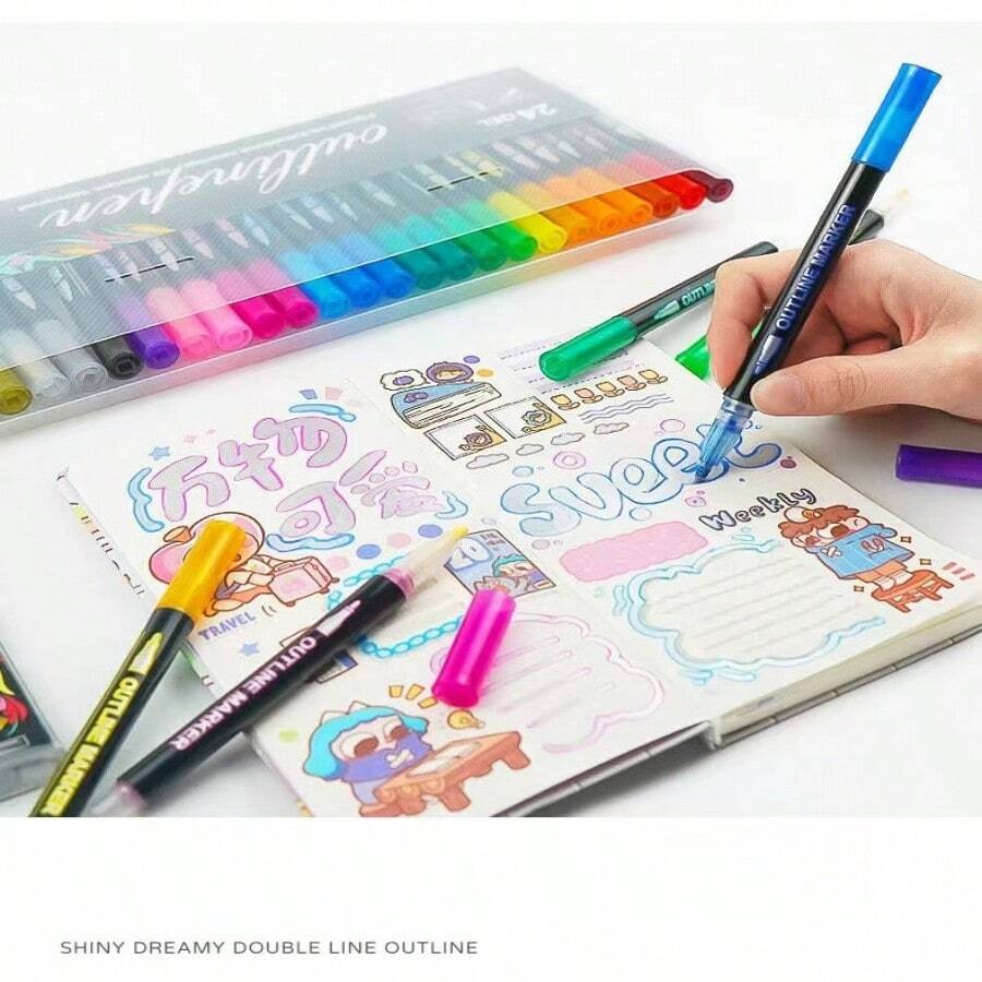 24-Pc Multi-Line Outline Pens Set, Including Fluorescent, Glitter ...
