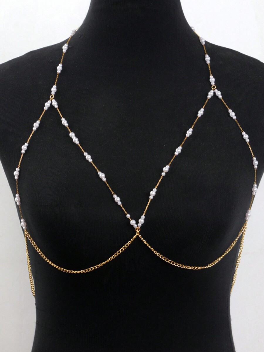 1pc Faux Pearl Chain Body Jewelry Necklace, Sexy Women Body Chain ...