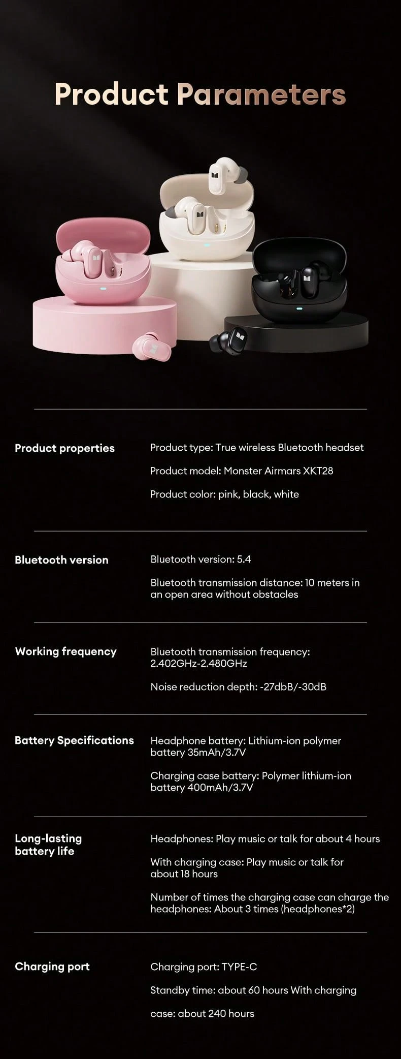 Monster Airmars XKT28 TWS Bluetooth V5.3 ノイズリダクションイヤホン ワイヤレスヘッドフォン デュアル ...