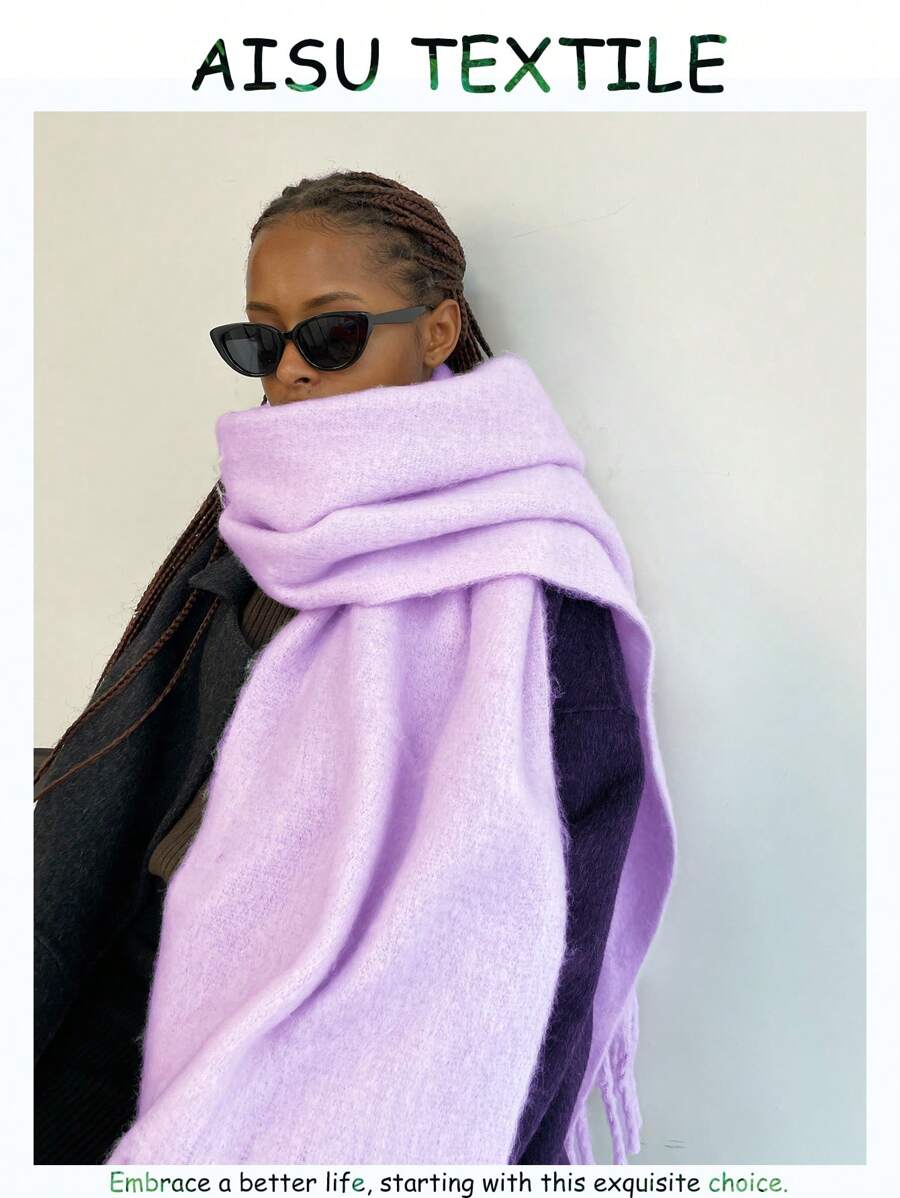 1 pieza Bufanda larga y mullida de mujer con flecos de color azul claro ...