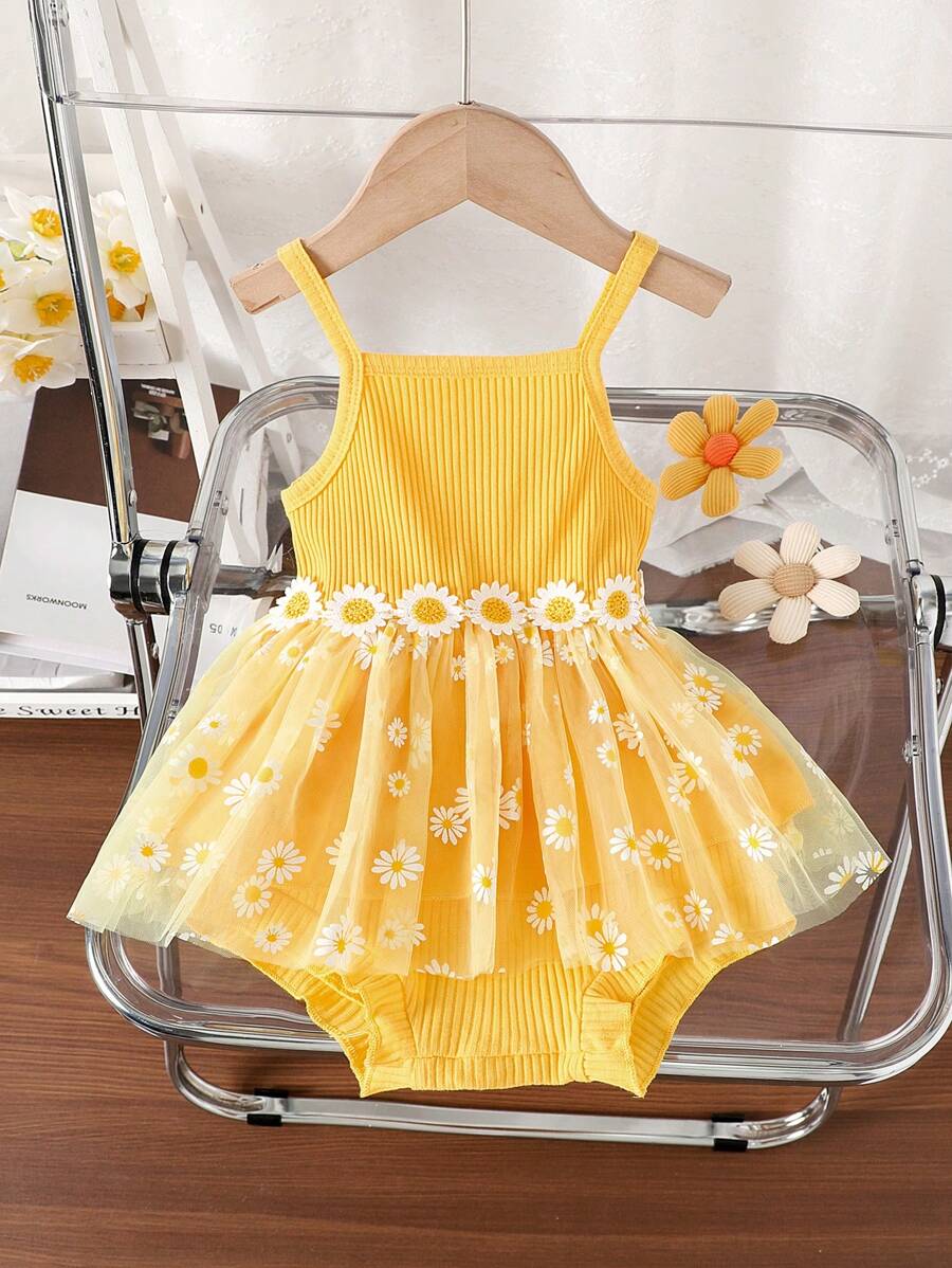 Baby Girls 2-Piece Set, Ribbed Patchwork Two-Layer Daisy Print Mesh ...