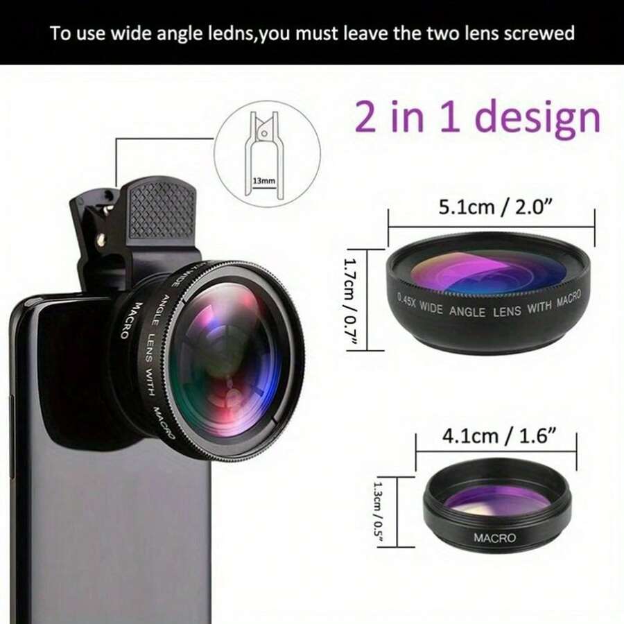 1pc 2-In-1 Clip-On Cell Phone Camera Lens Kit, 37mm 0.45X Glass Ultra Wide Angle & Macro Lens ...