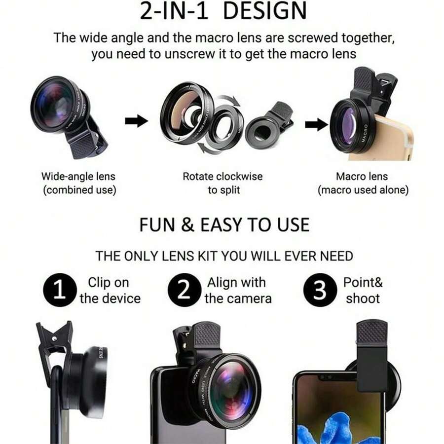 1pc 2-In-1 Clip-On Cell Phone Camera Lens Kit, 37mm 0.45X Glass Ultra Wide Angle & Macro Lens ...