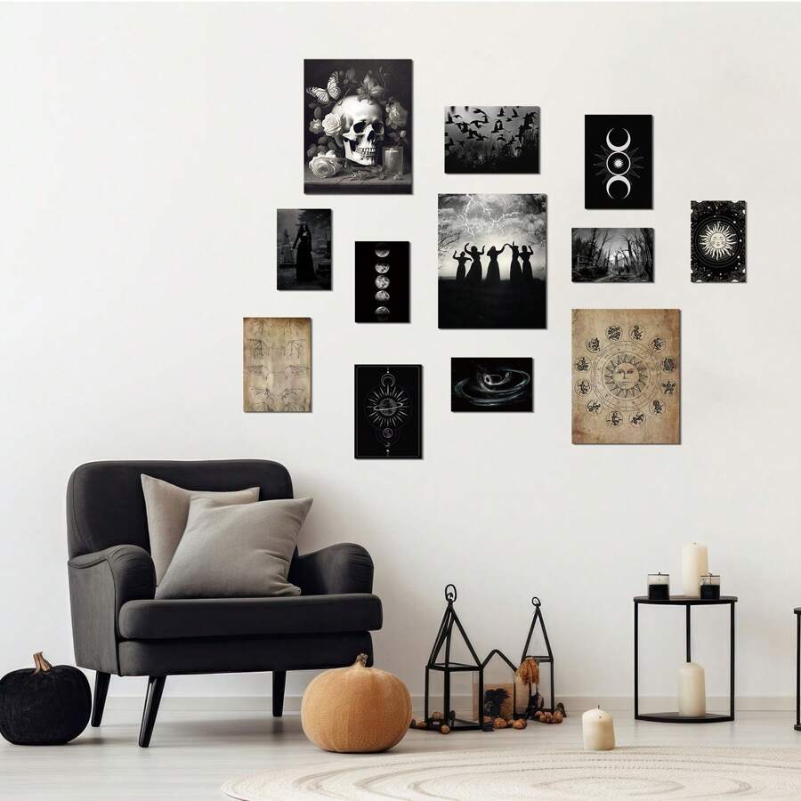 12pcs Unframed Skull And Flower Monochrome Aesthetic Poster Wall ...