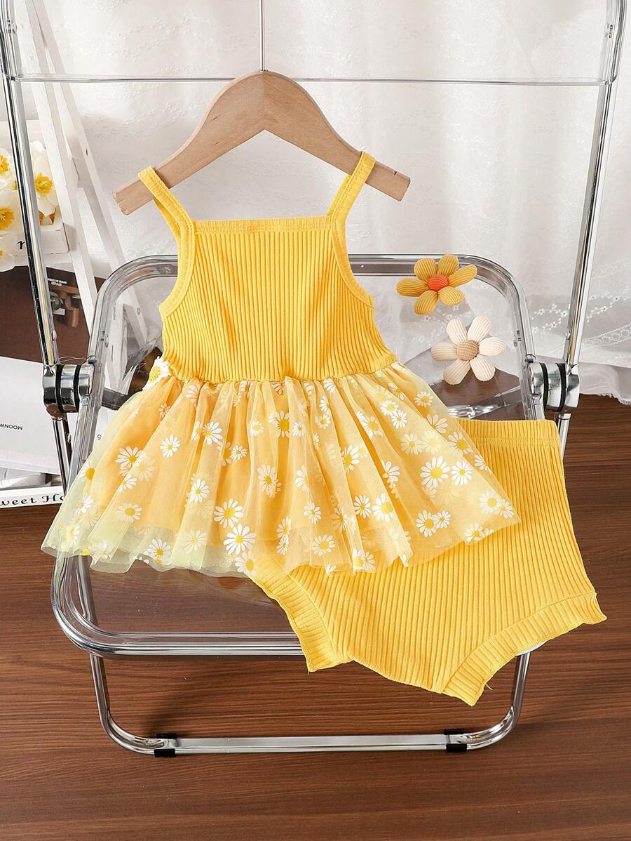Baby Girls 2-Piece Set, Ribbed Patchwork Two-Layer Daisy Print Mesh ...
