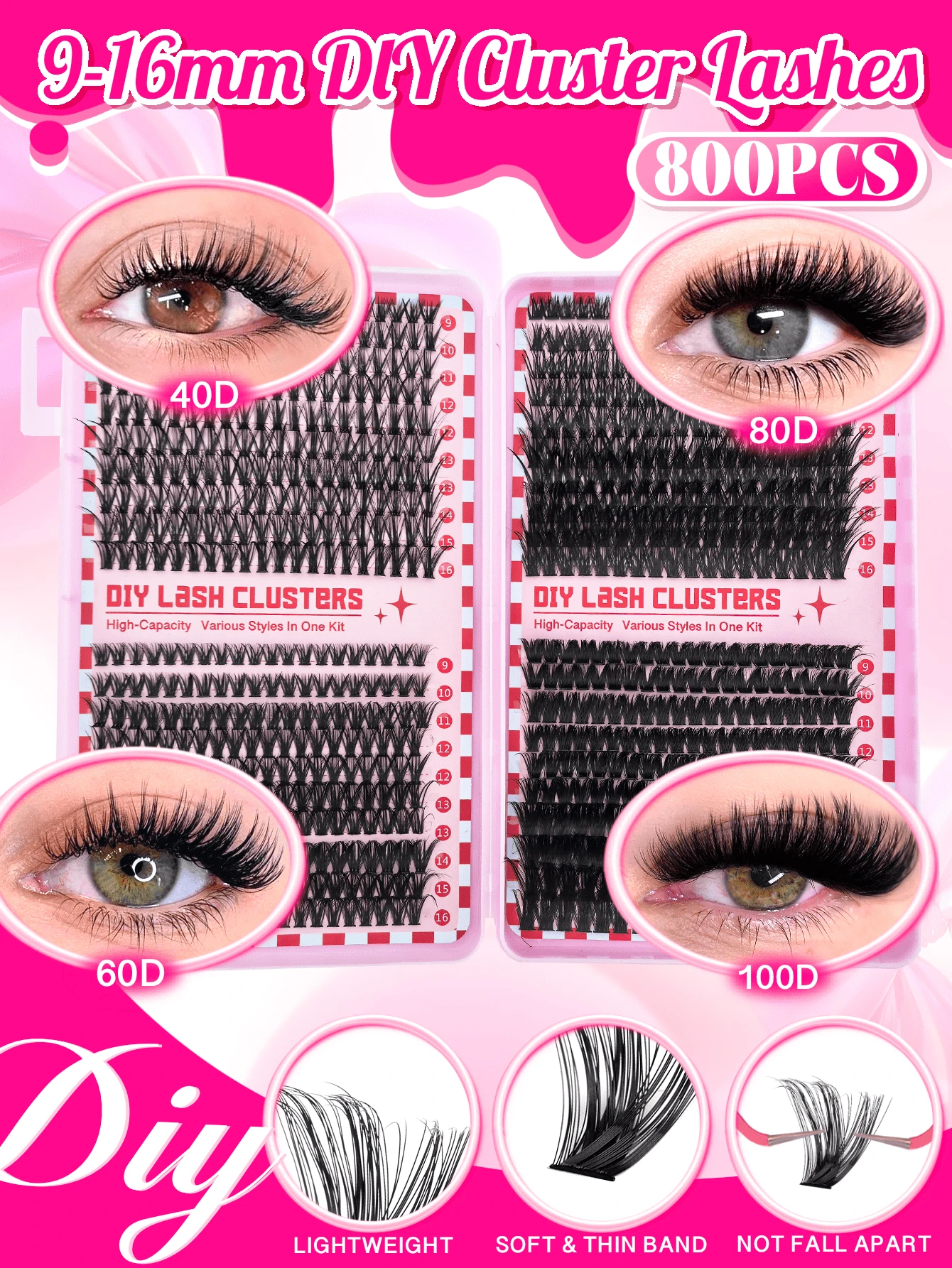 40D, 60D, 80D, 100D 800PCS D-Curl DIY Eyelash Extension Kit ,Clusters ...