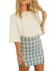 Women Summer Vintage Short Skirts Plaid High Waist Split A-Line Mini ...