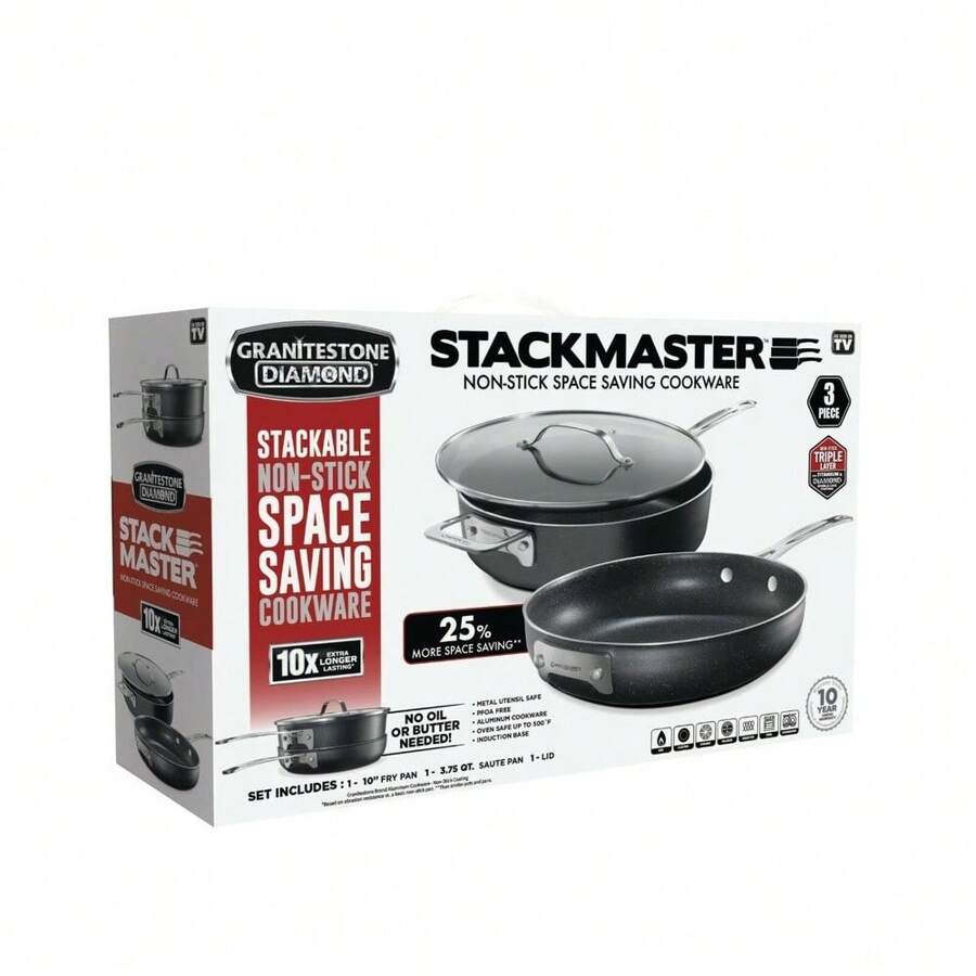 Granitestone 3 Piece Aluminum Nonstick Stackmaster Cookware Set With ...