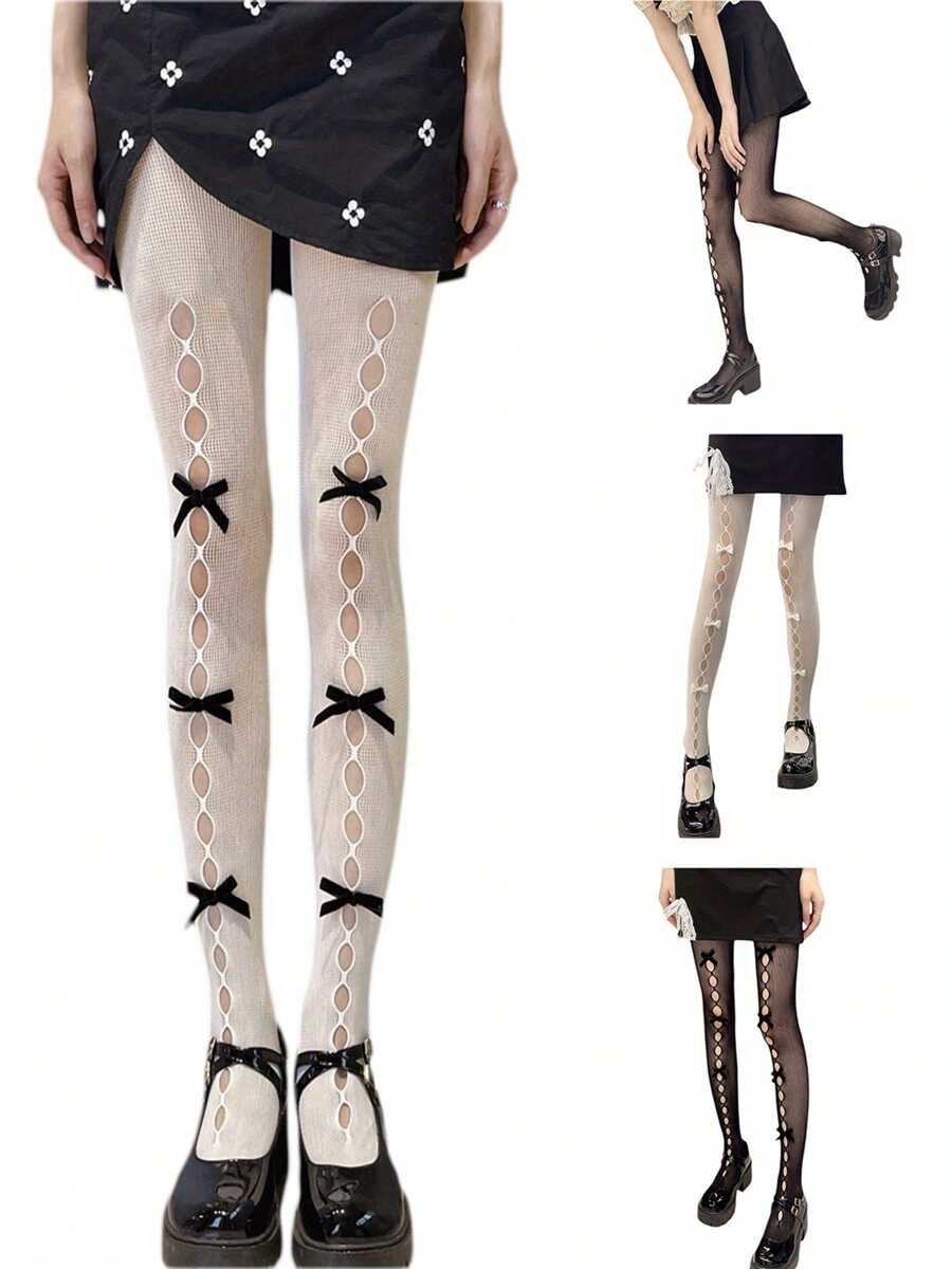 Women See-Through Pantyhose With Bow Knot Decors, Hollow Out Sheer ...
