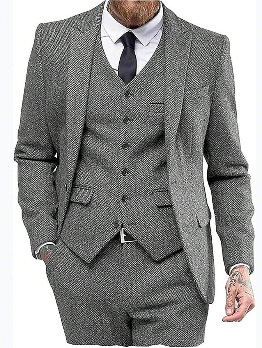 Mens Herringbone Tweed Suit 3 Piece Suit Two Buttons Wool Suits 1920's ...