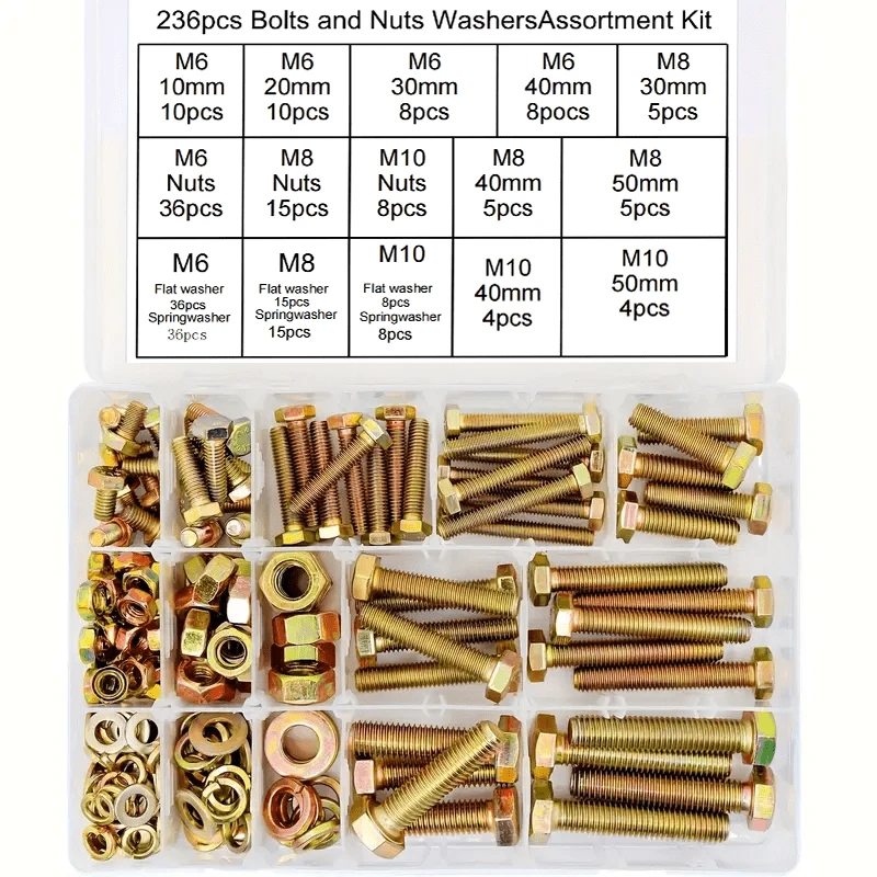 236pcs Assorted Colored Zinc M6 M8 M10 Hex Bolts, Nuts And Washers Kit ...