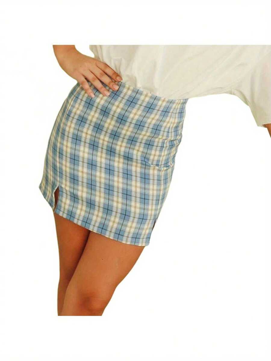 Women Summer Vintage Short Skirts Plaid High Waist Split A-Line Mini ...