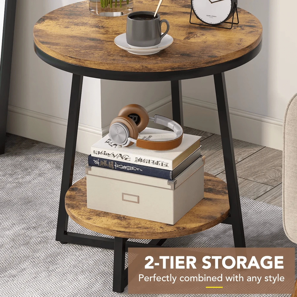 2 Level Round Side Table With Storage Rack, Nightstand, Coffee Table ...