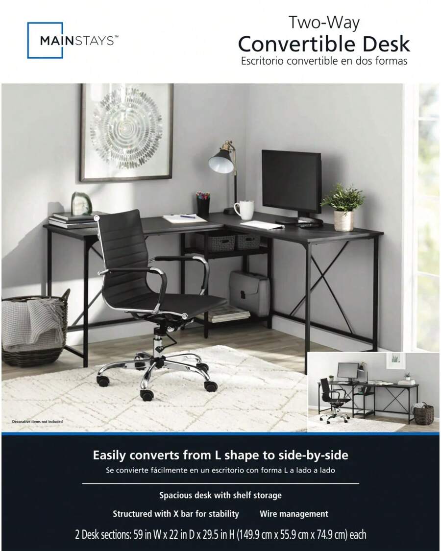 Mainstays Two-Way Convertible Desk With Lower Storage Shelf, Black Wood ...
