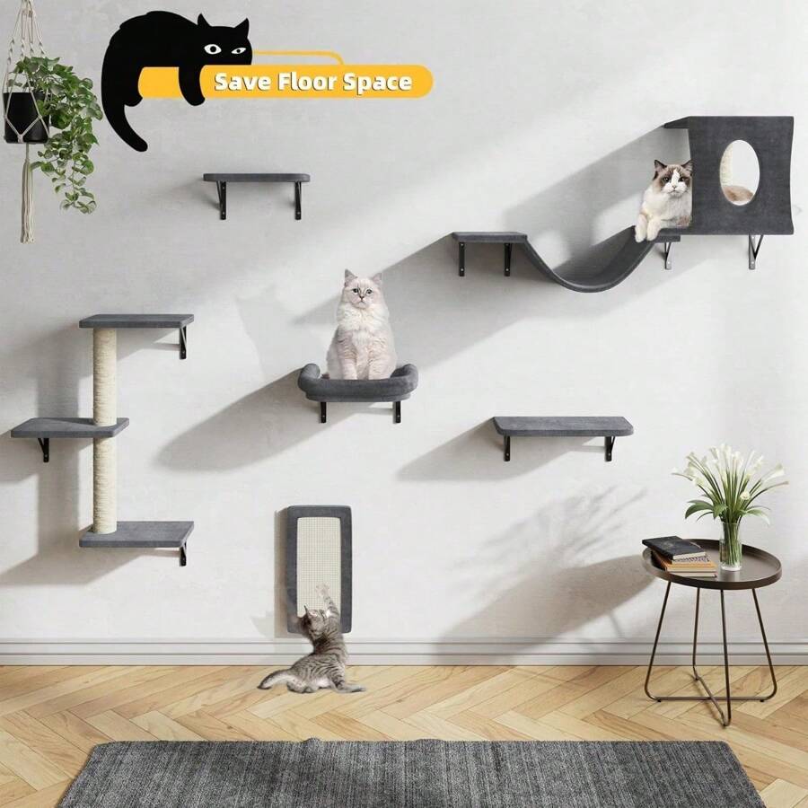 Wall Mounted Cat Climbing Frame, 6pc Cat Wall Furniture, Cat Climber ...