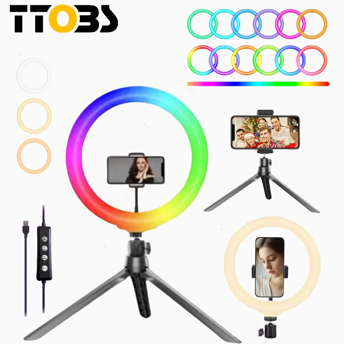 TTOBS 1pc 8 Inch Selfie Ring Light, RGB Tripod Phone Stand Holder ...