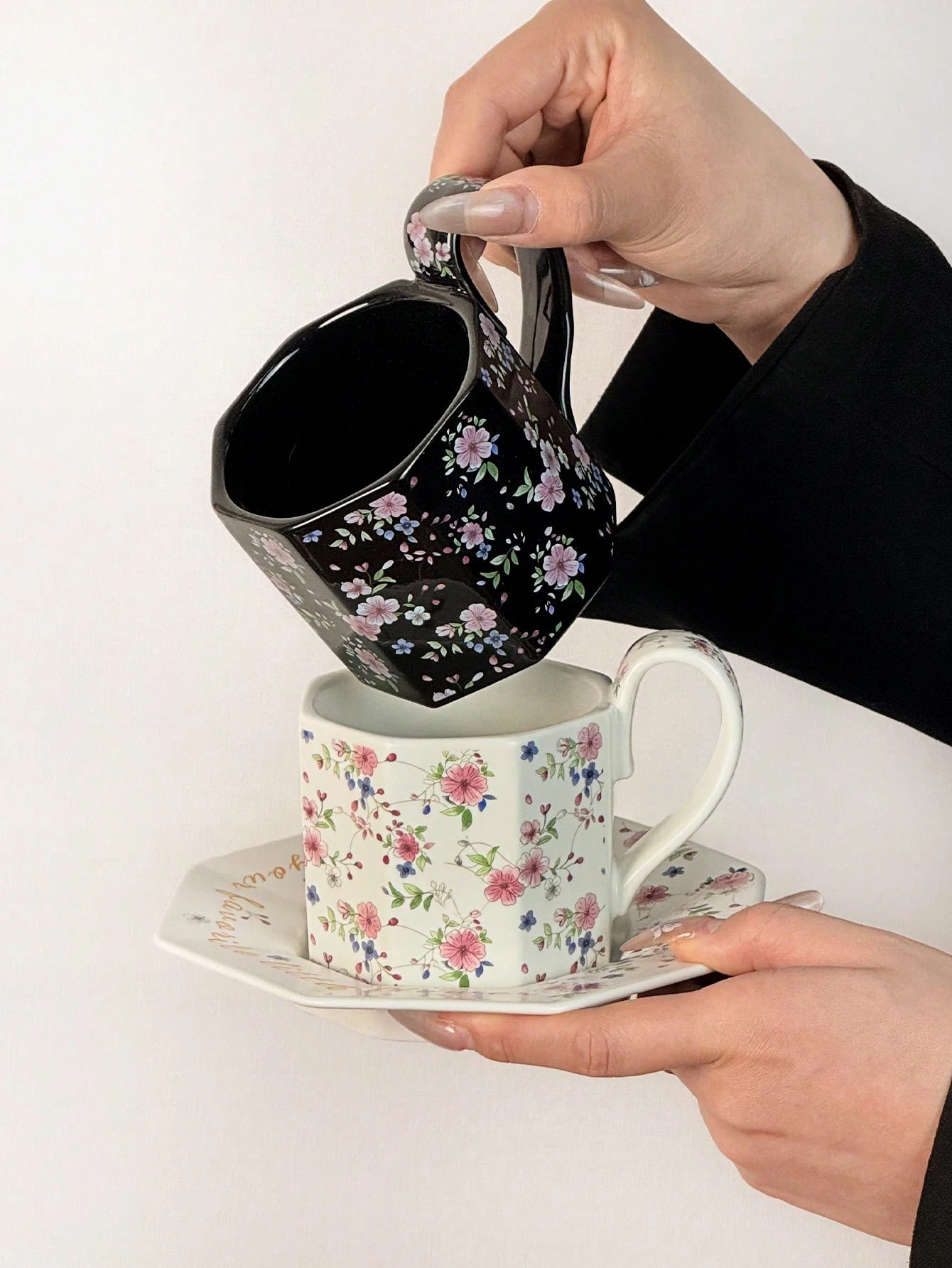 1pc Unique Vintage Floral Octagonal Cup & Saucer Set, Delicate Speckled ...