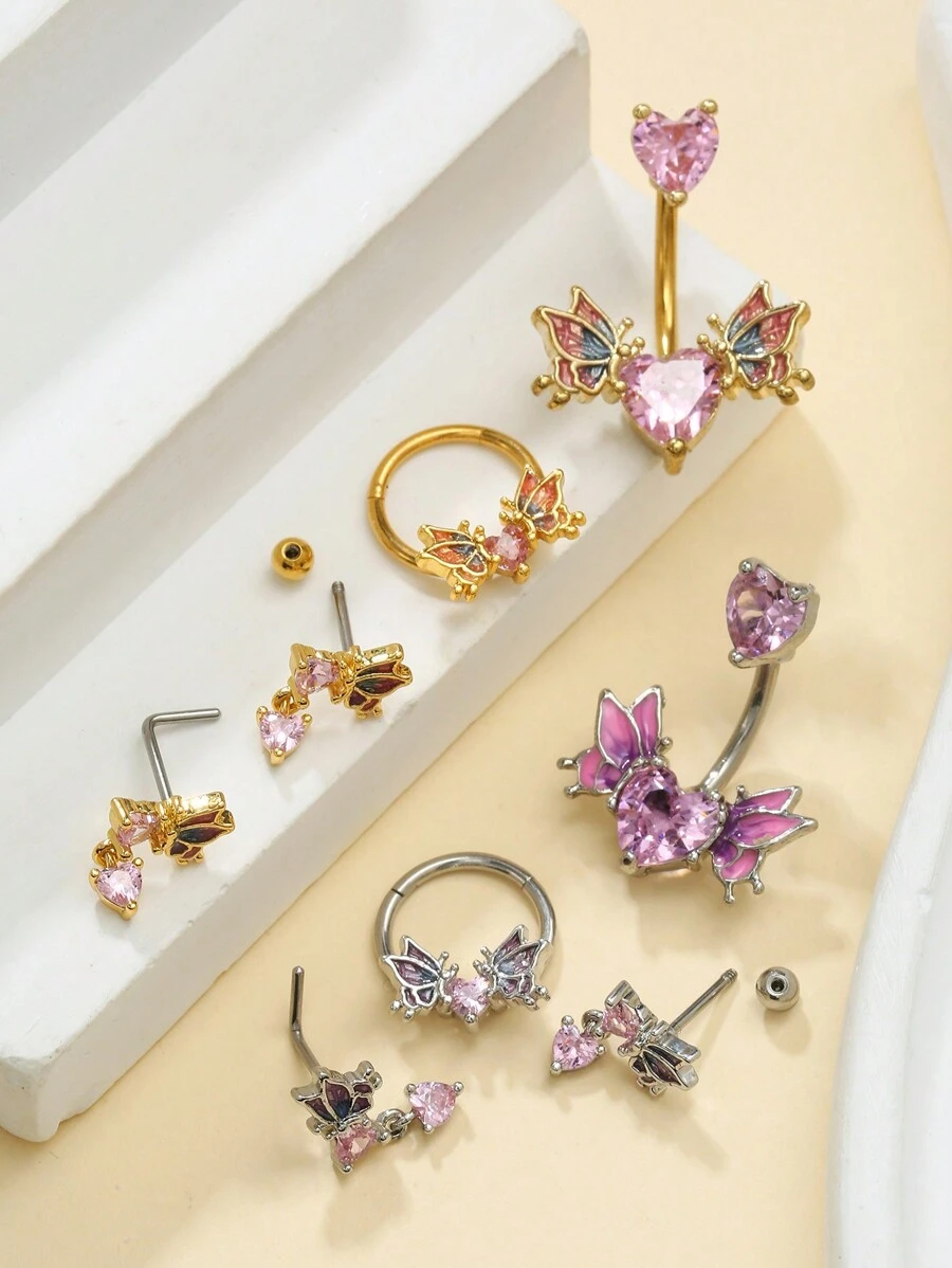 1pc Pink Rhinestones Butterfly Body Jewelry Set Cute Wind Navel Stud ...