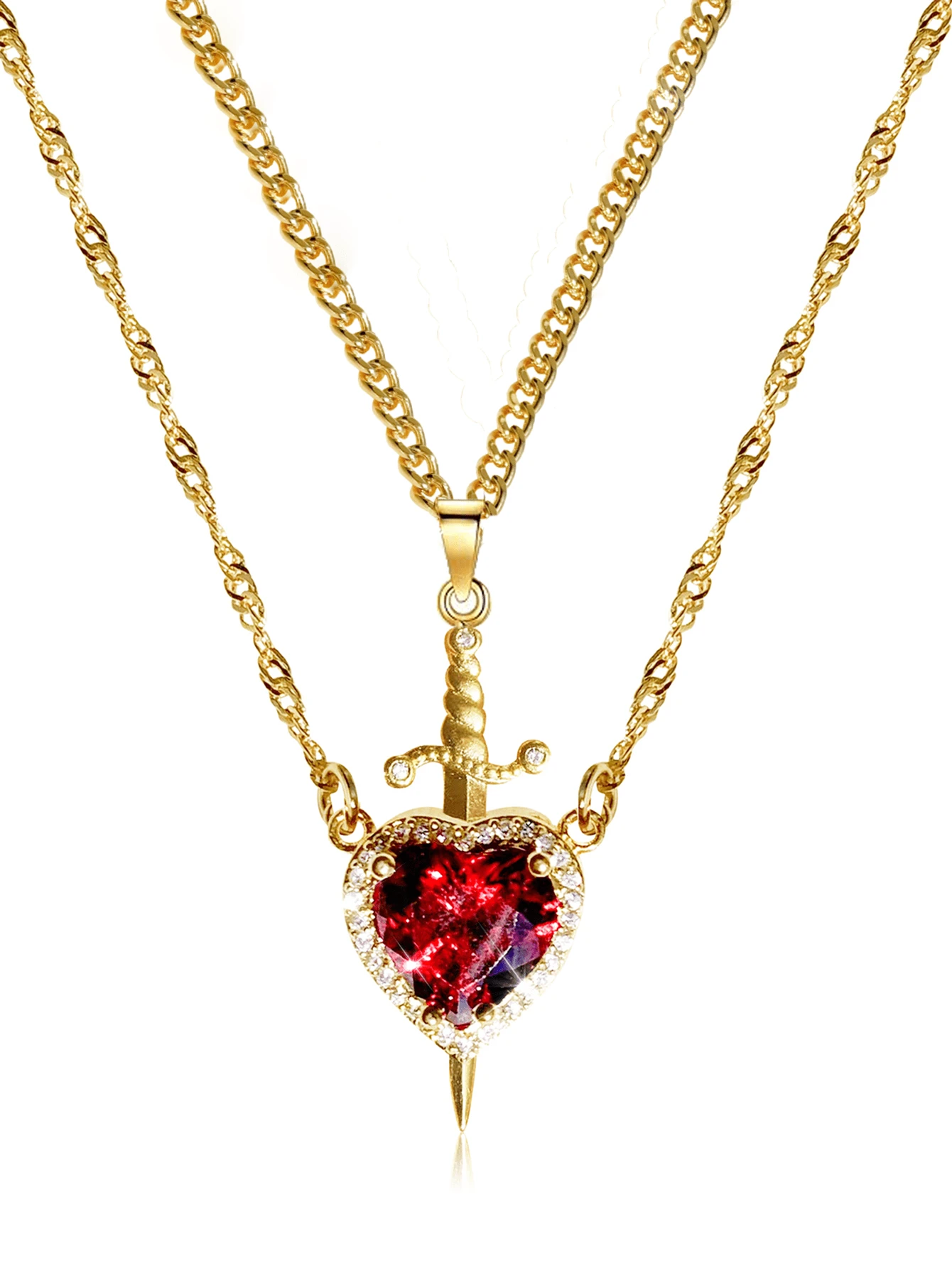 Heart And Sword Necklace, Heart Shaped Red Crystal And Punk Sword ...