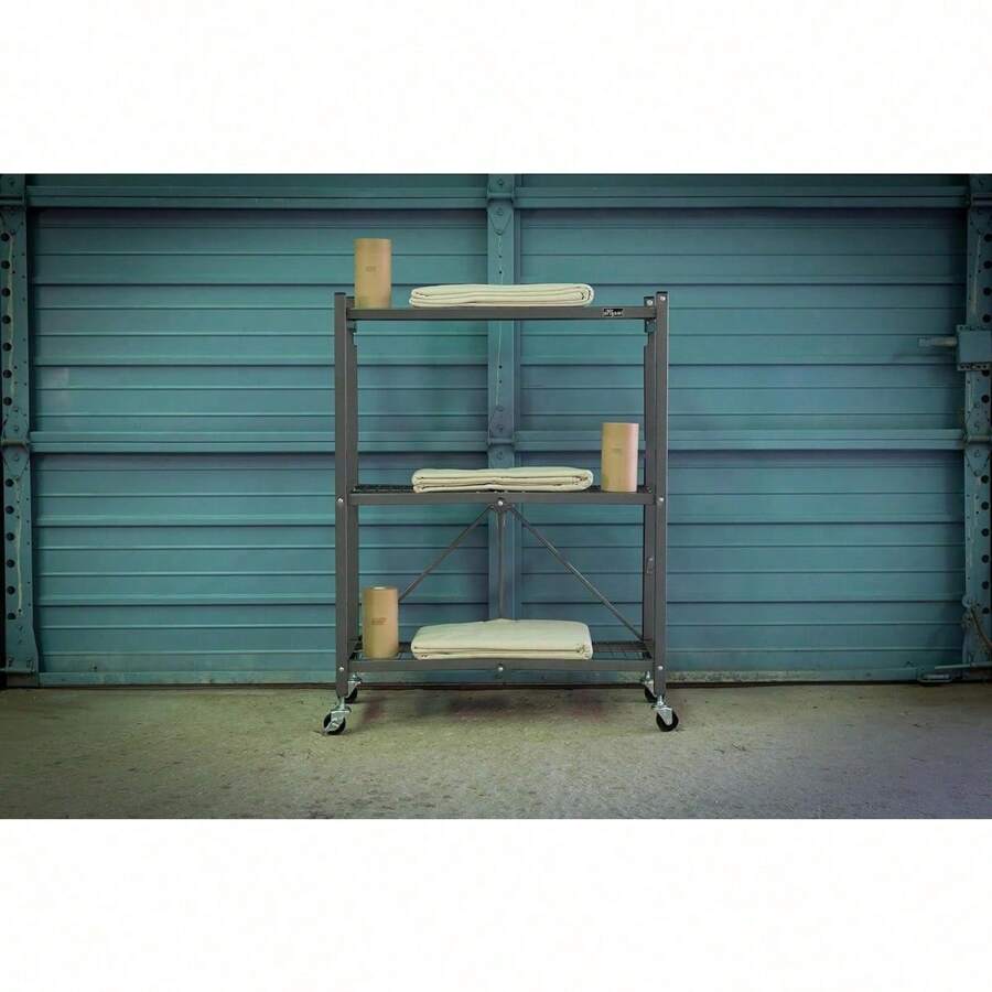 3 Tier Folding Shelves, Storage Shelving Rack Unit With Wheels, Pewter ...