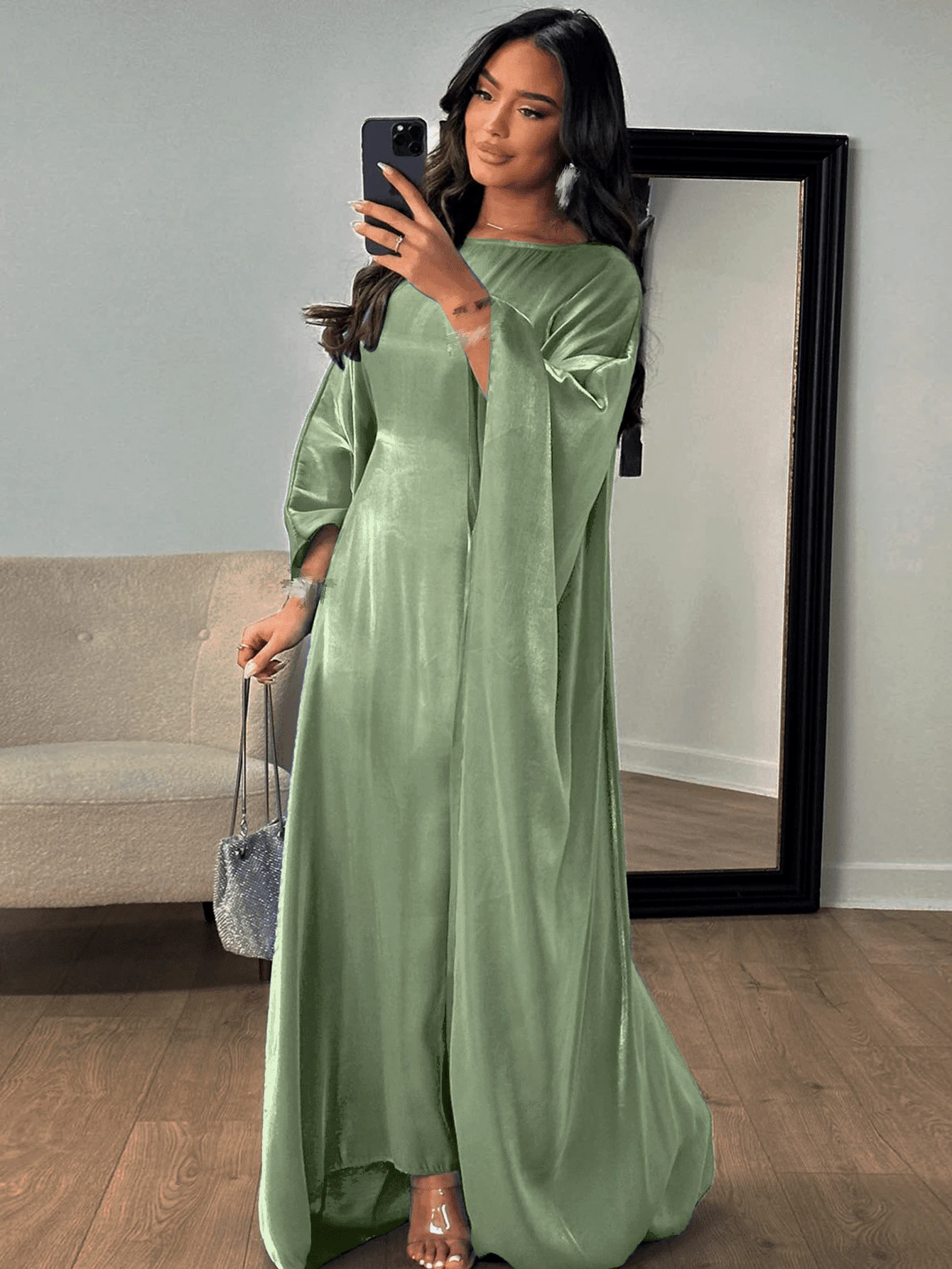 Women's Gathering Party Fashion Shiny Satin Cinched Waist Modest Long ...