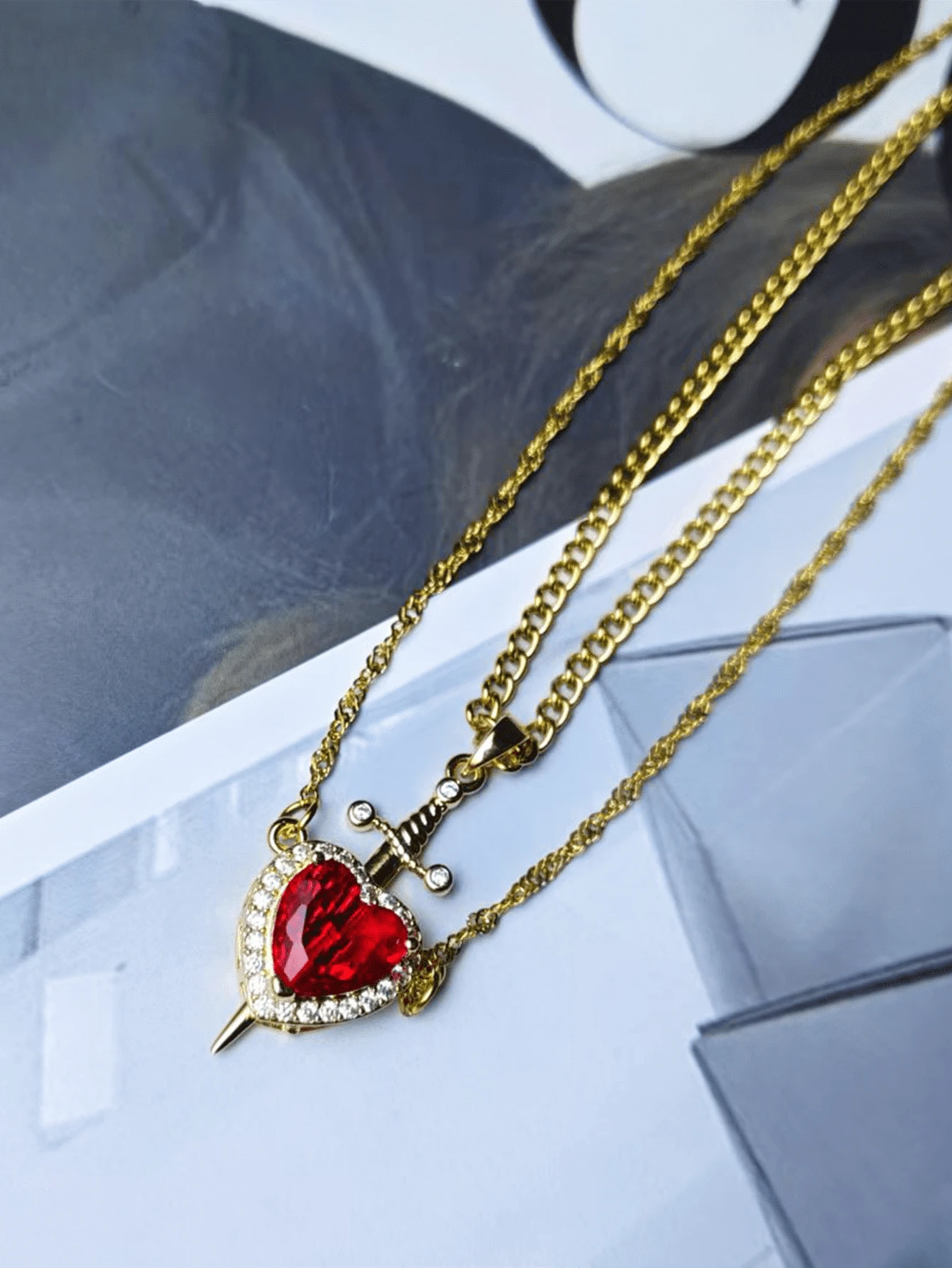 Heart And Sword Necklace, Heart Shaped Red Crystal And Punk Sword ...