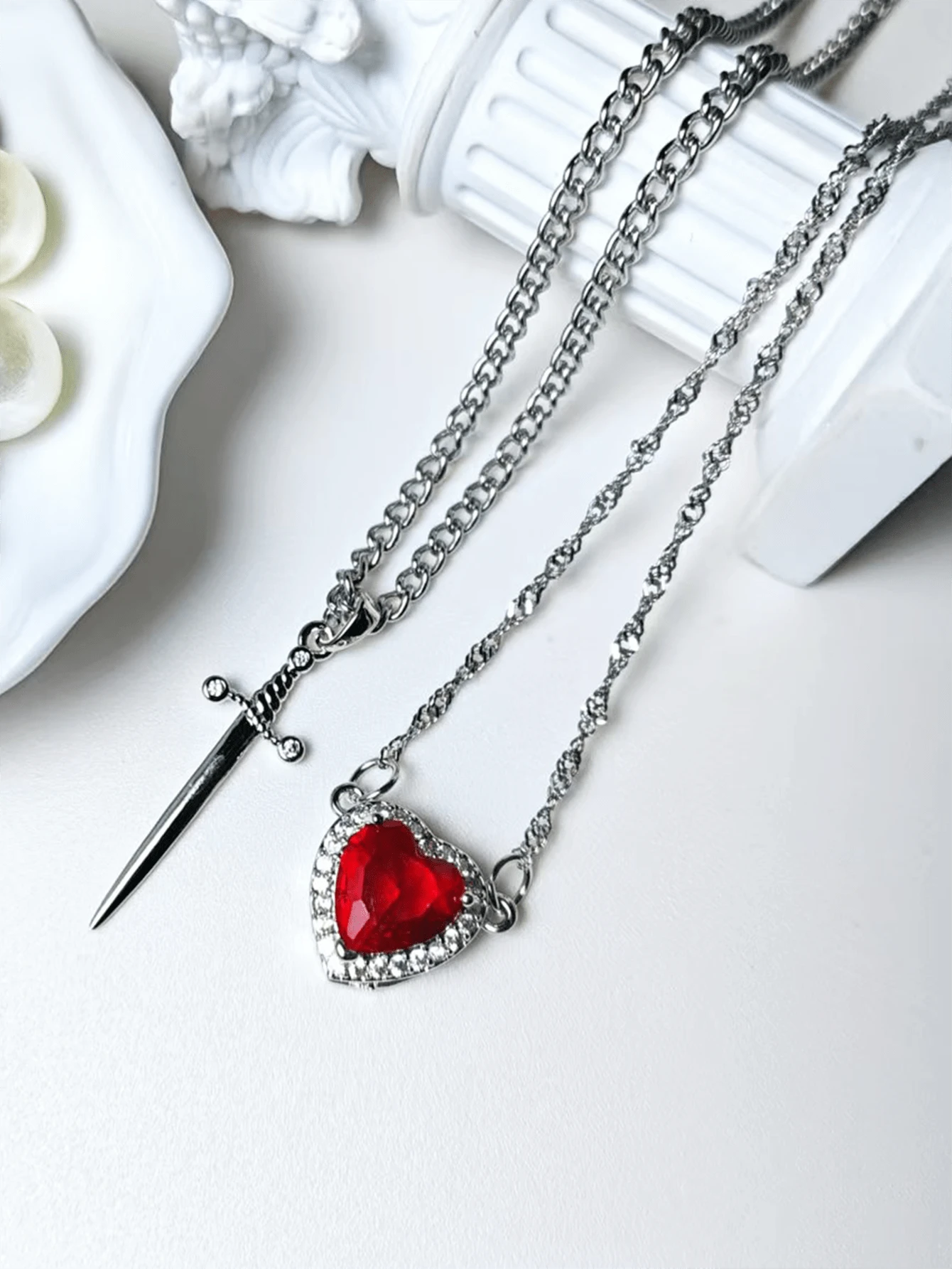 Heart And Sword Necklace, Heart Shaped Red Crystal And Punk Sword ...