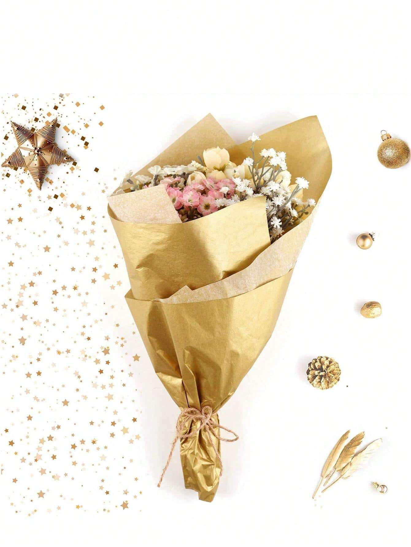 10pcs/Pack Gold Foil Gift Wrapping Paper, Gold Flower Bouquet Packing ...