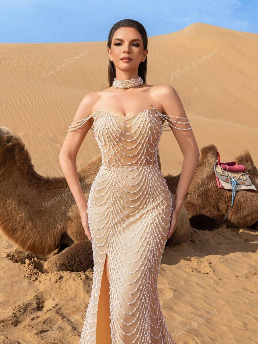 Gorgeous Strapless Pearl Embellished Mermaid Hem Beaded Formal Dresses ...