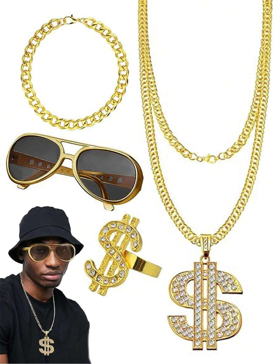 D EXCEED 4 Packs 80s 90s Hip Hop Costumes Set, Fake Gold Chain Money ...