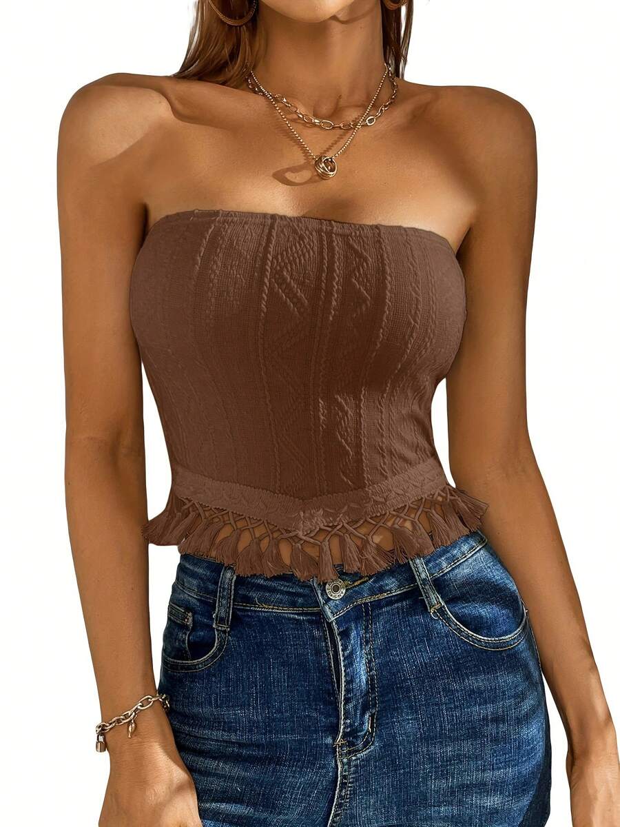 Women's Strapless Tube Tops, Solid Color Crochet Jacquard Fringed Hem ...