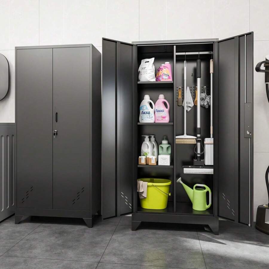 75" Metal Garage Storage Cabinet, Cleaning Tool Storage Cabinet ...