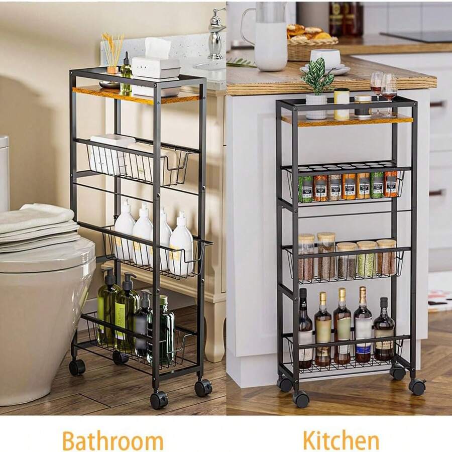 GOCAPTAIN Slim Storage Cart, 4 Tier Slim Rolling Storage Cart With ...