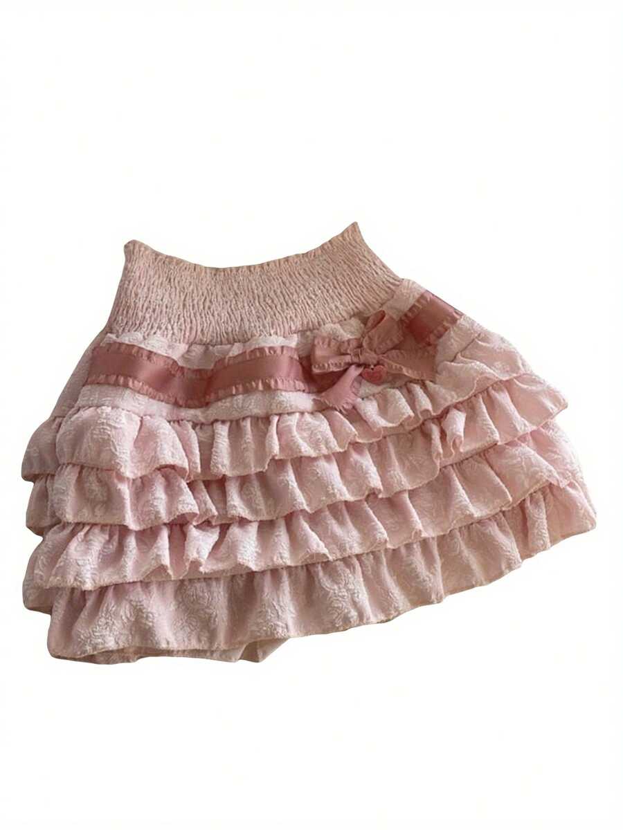 Women's Lolita Mini Skirts Cute High Waist Side Bow Layered Ruffle Hem ...