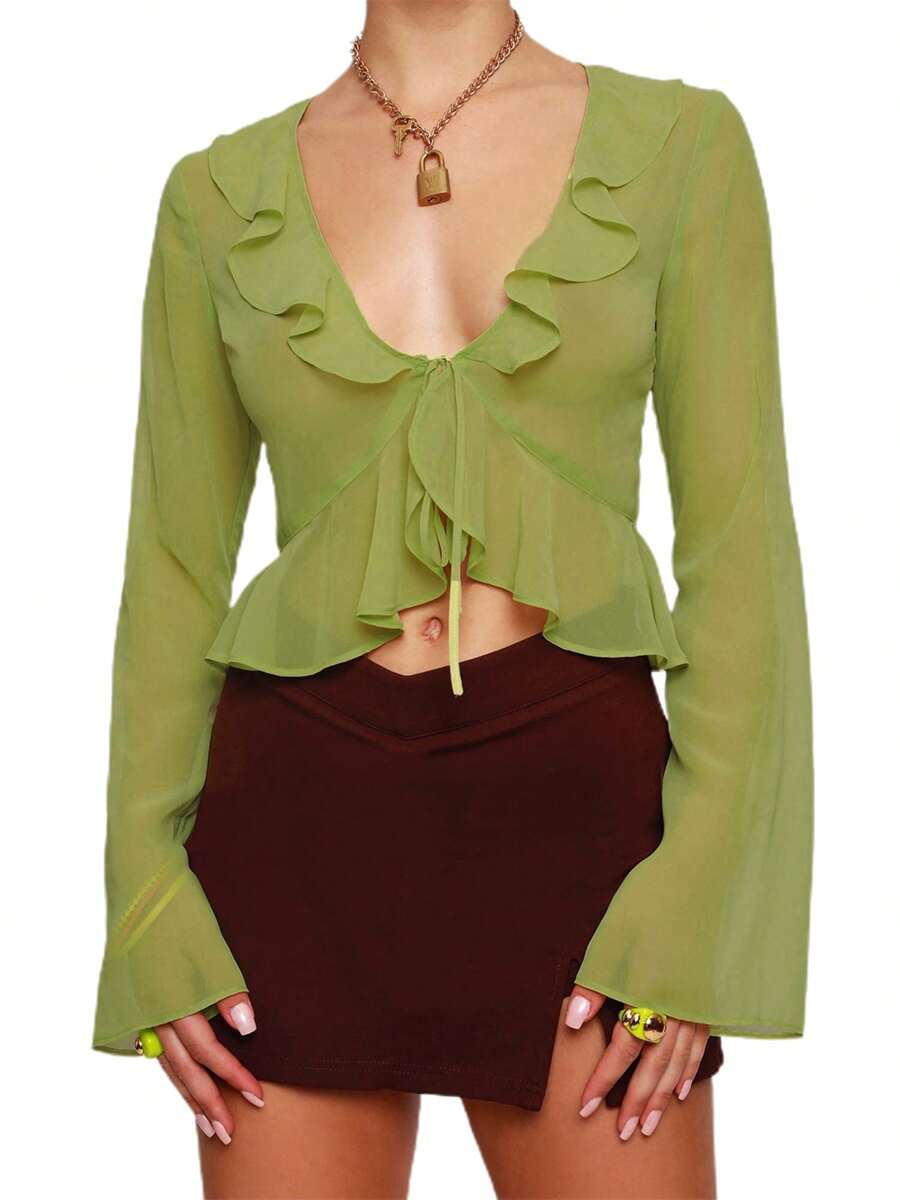 Women Sheer Crop Tops, Long Flared Sleeve Deep V Neck Pleated Hem Tops ...